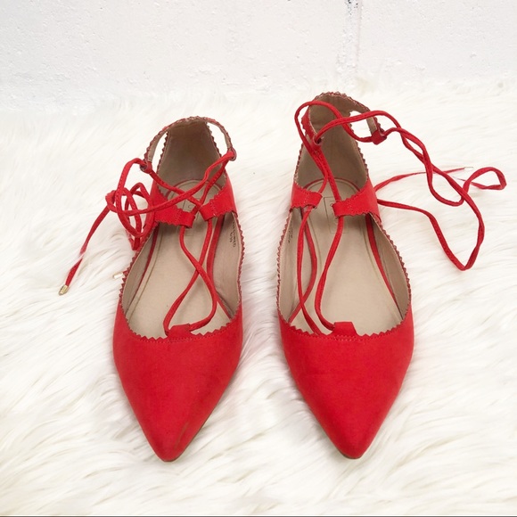 Topshop | Shoes | Topshop Scalloped Red Lace Up Suede Flats | Poshmark